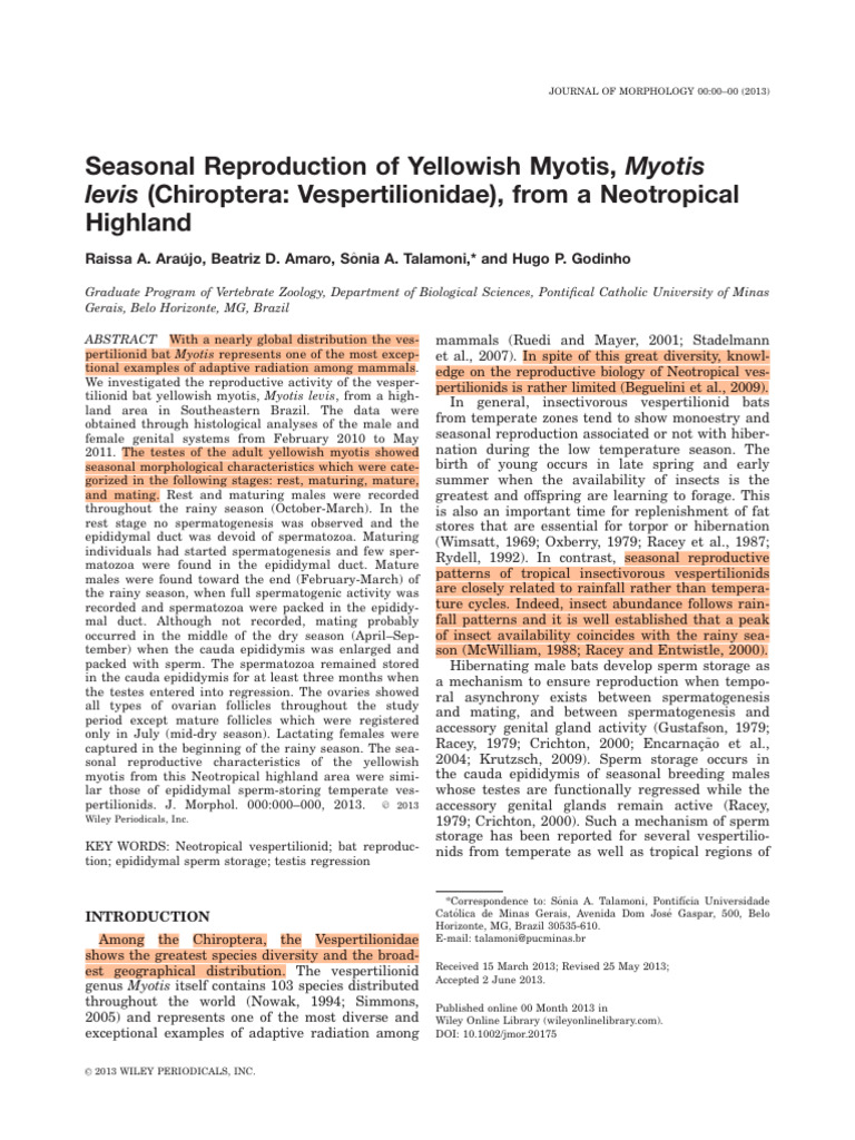 2013 - Araujo - Seasonal Reproduction of Yellowish Myotis, Myotis | PDF ...
