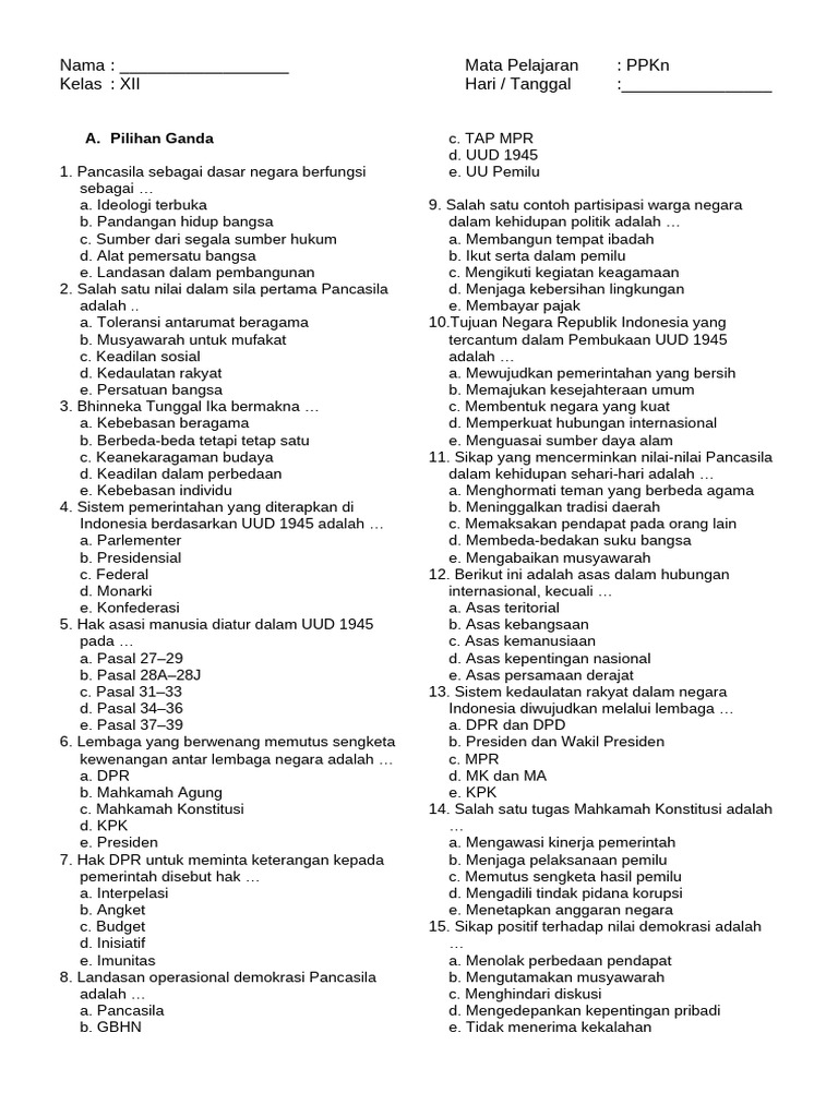 Soal PKN XII Sem 2 2025 | PDF