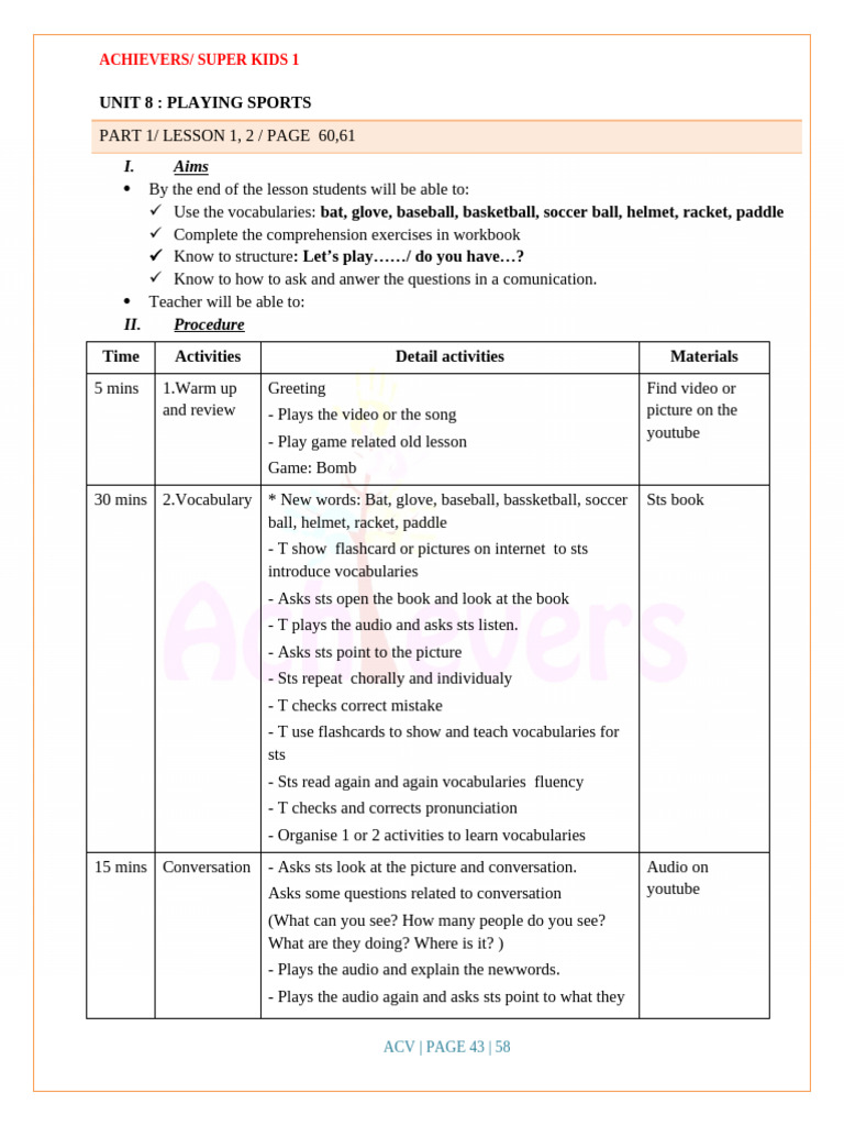 I. Aims: Unit 8: Playing Sports | PDF | Vocabulary | Reading Comprehension