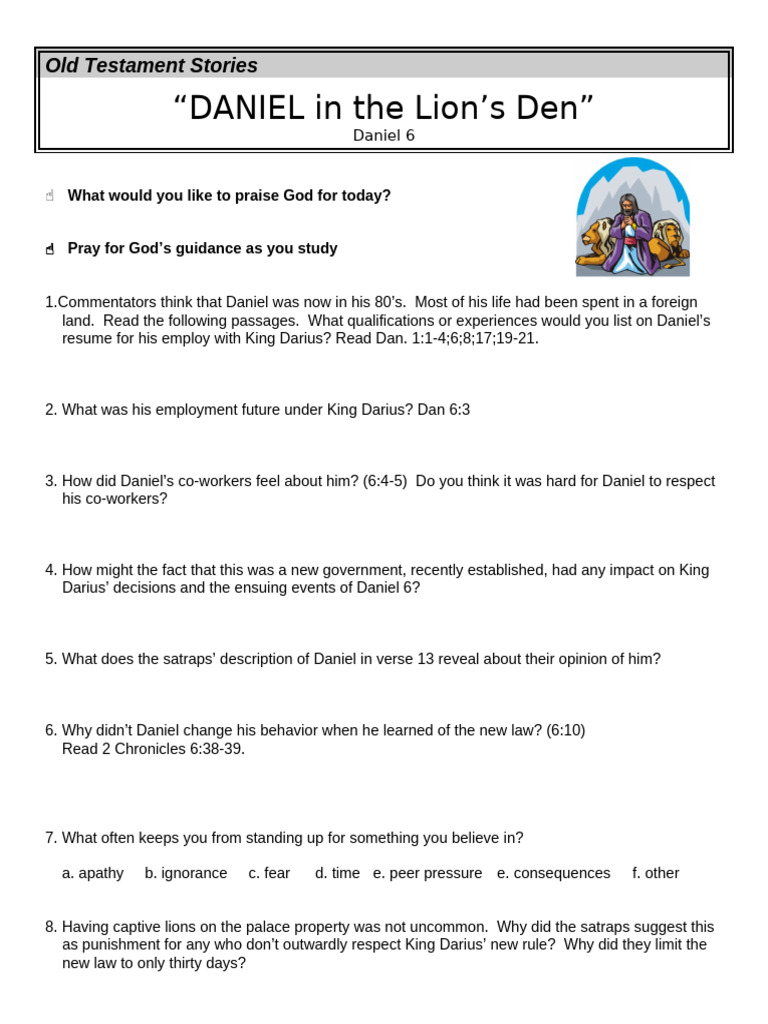 Daniel in the Lion's Den Study Guide | PDF | Lion | Hunting
