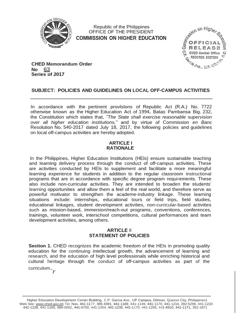 CHED Guidelines for Off-Campus Activities | PDF | Driver's License ...