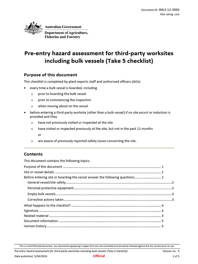 take-5-checklist | PDF | Occupational Safety And Health | Personal ...