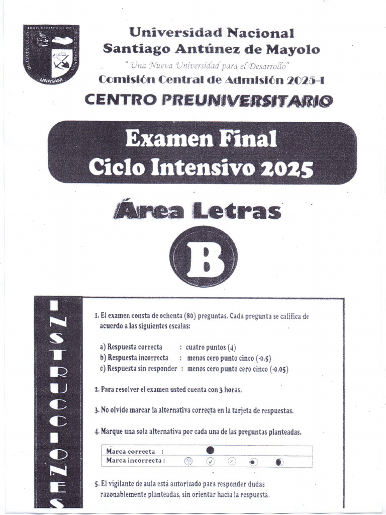 Examen Final Cpu Unasam Ciclo Intensivo 2025 - Área (B) Letras | PDF