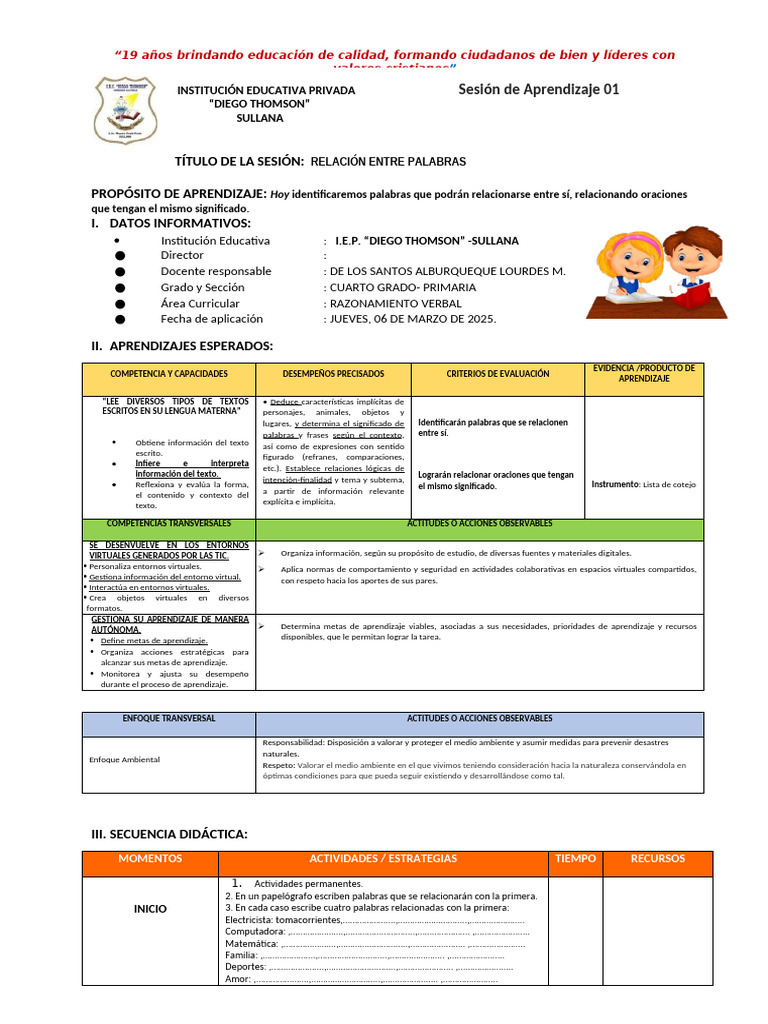 SESIÓN DE RAZ. VERBAL N° 001- 2025 | PDF | Aprendizaje | Cognición