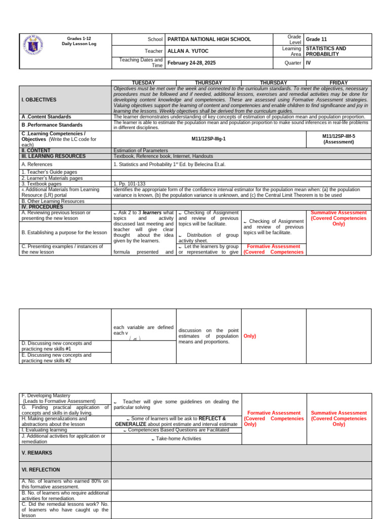 DLL Week 12 Statistics and Probability | PDF | Educational Assessment | Statistics