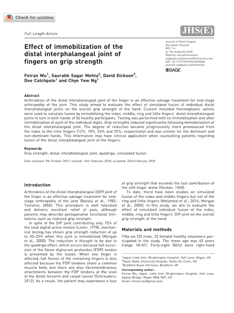 Effect of immobilization of the distal interphalangeal joint of fingers ...