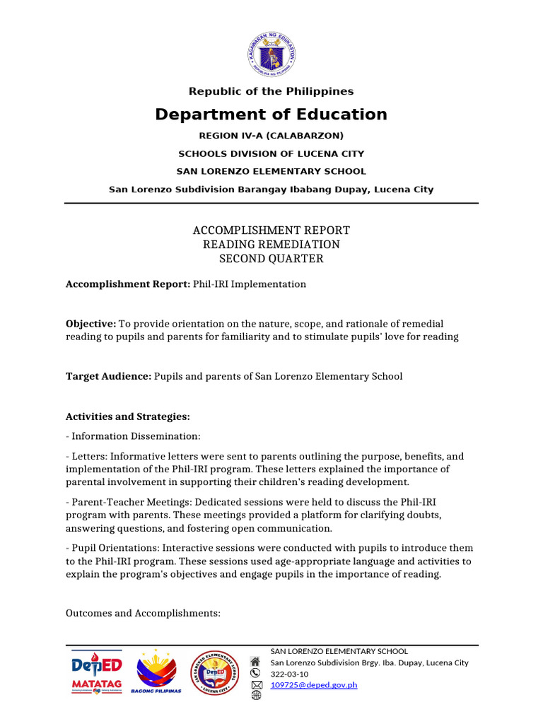 Accomplishment Report 1ST Quarter | PDF | Education Theory | Learning