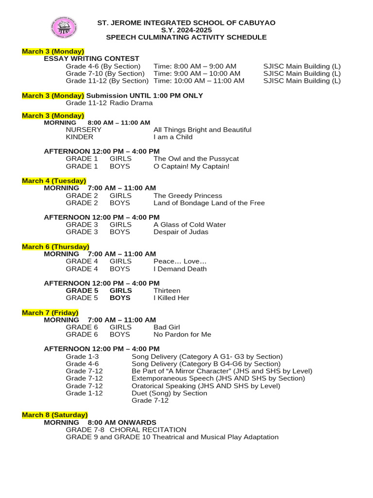MODIFIED SCHEDULE ENGLISH CULMINATING ACTIVITY 2025 | PDF