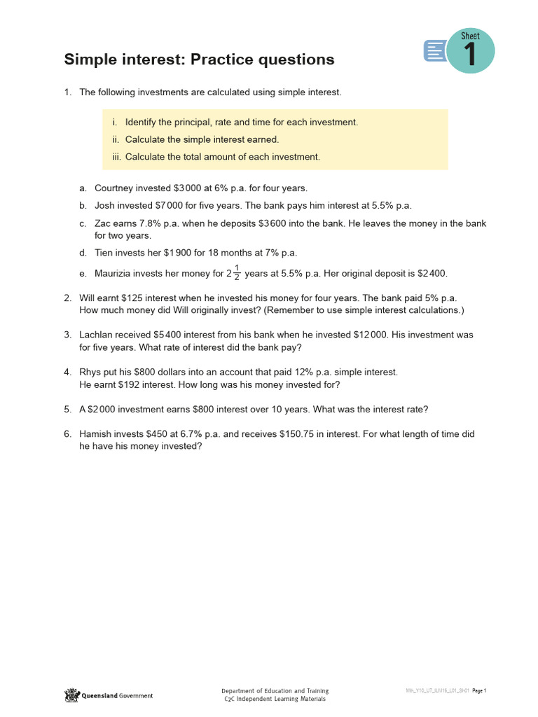 Simple Interest: Practice Questions: Sheet | PDF