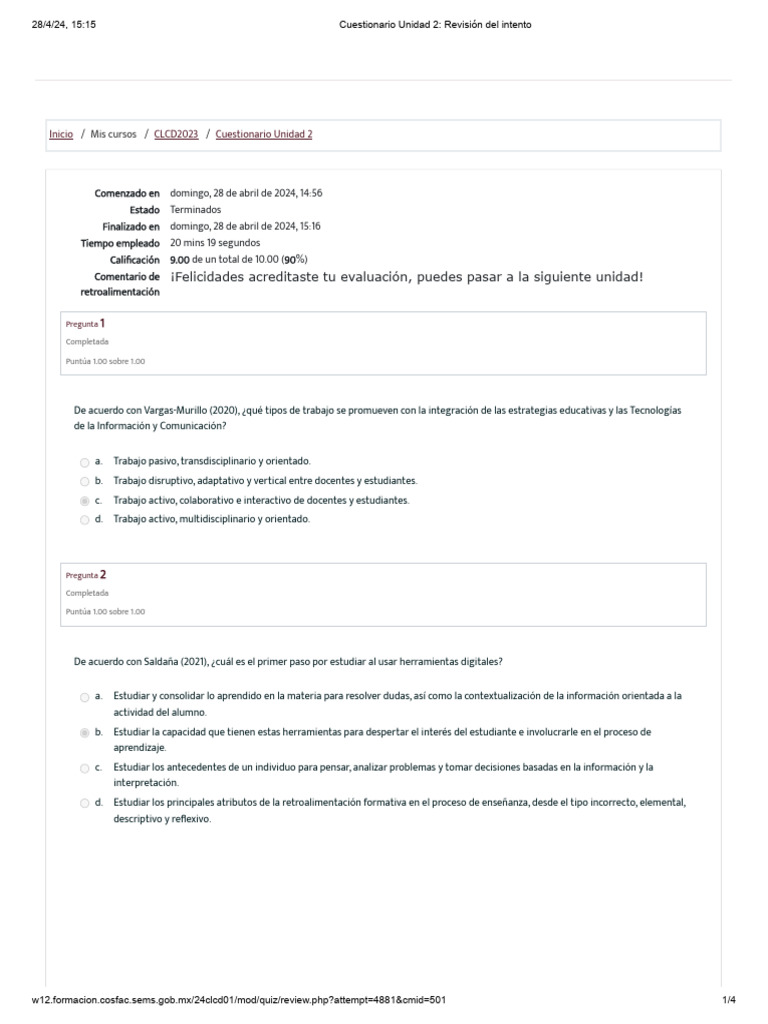 Cuestionario Unidad 2 - Revisión Del Intento2 | PDF | Enseñando | Multimedia