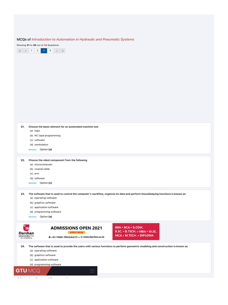 MCQs of Introduction To Automation in Hydraulic and Pneumatic Systems (Oil Hydraulics and ...