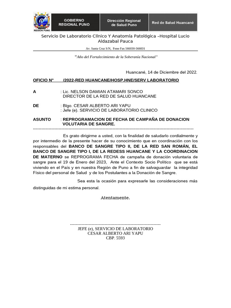 Oficio Reprogramacion de Donacion de Sangre | PDF