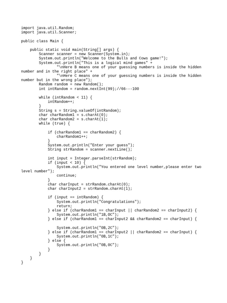 Bulls and Cows Java Game Code | PDF