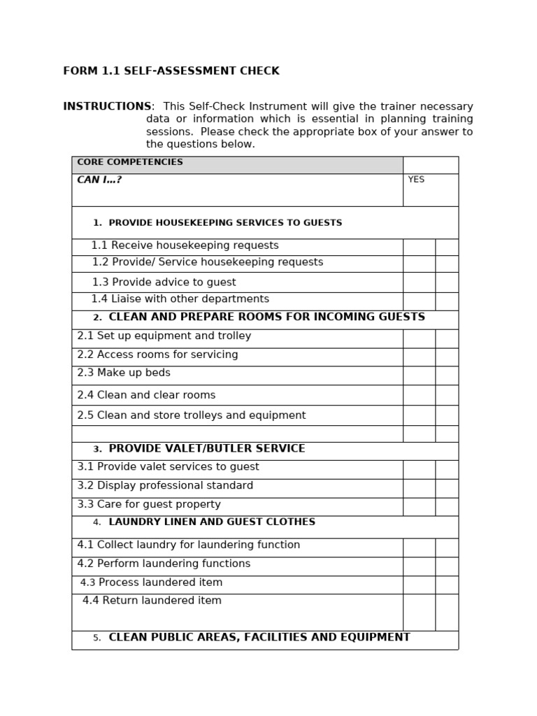 Self Assessment Check HSK (LOs From Core Competencies Only) - Final | PDF | Housekeeping