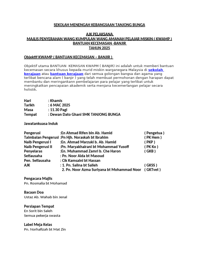 Penyerahan KWAMP Banjir SMK Tanjong Bunga | PDF