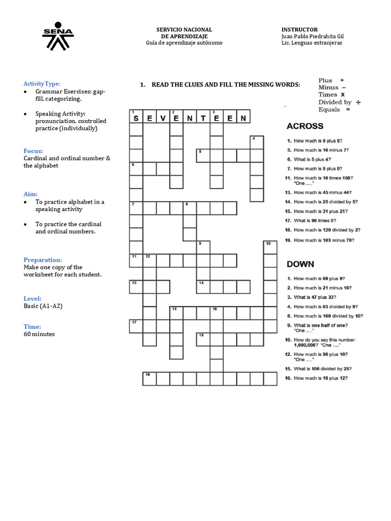 Activity Type - Cardinal and Ordinal Numbers & The Alphabet | PDF