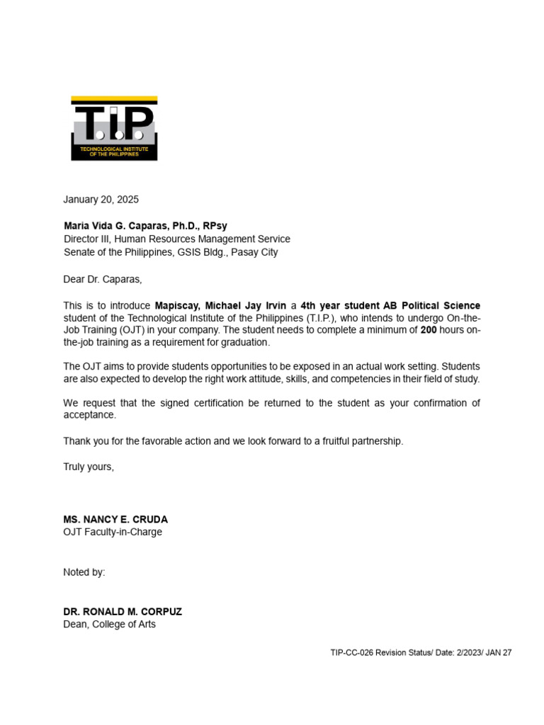 TIP CC 026 Endorsement Letter DPD | PDF