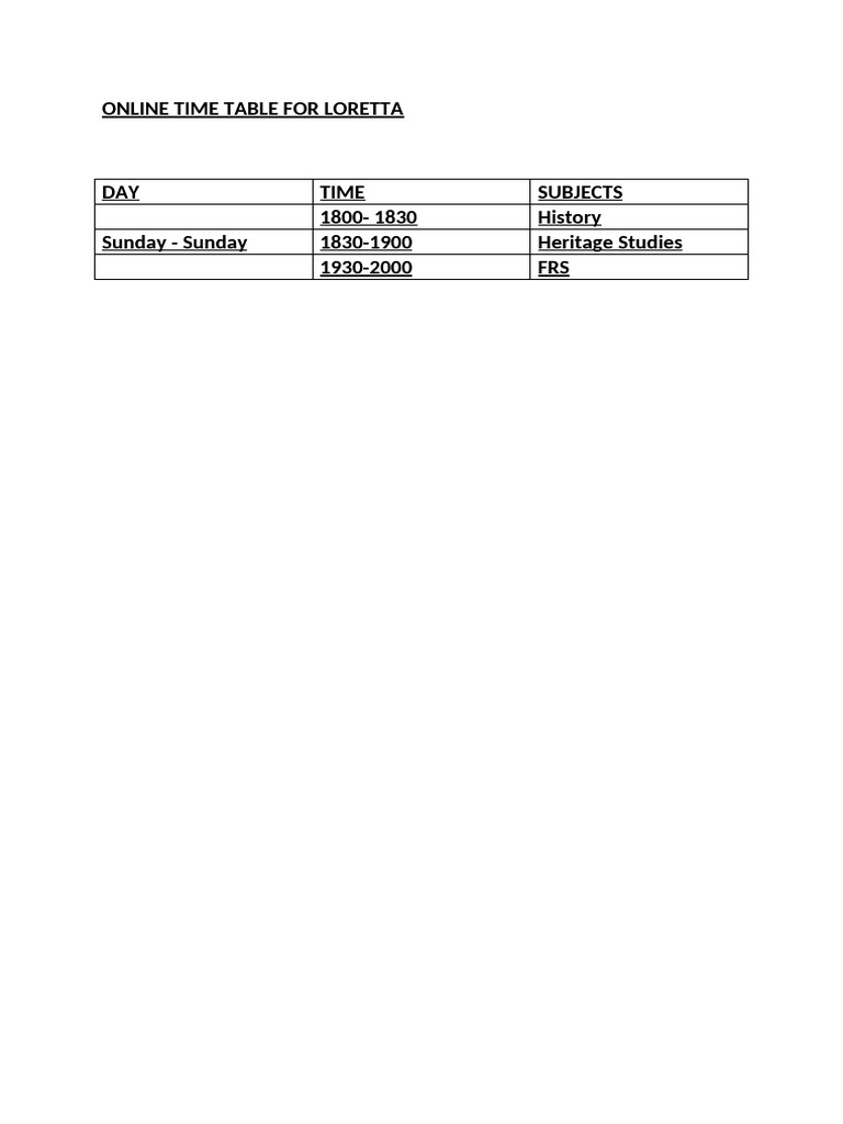 Online Time Table For Loretta | PDF