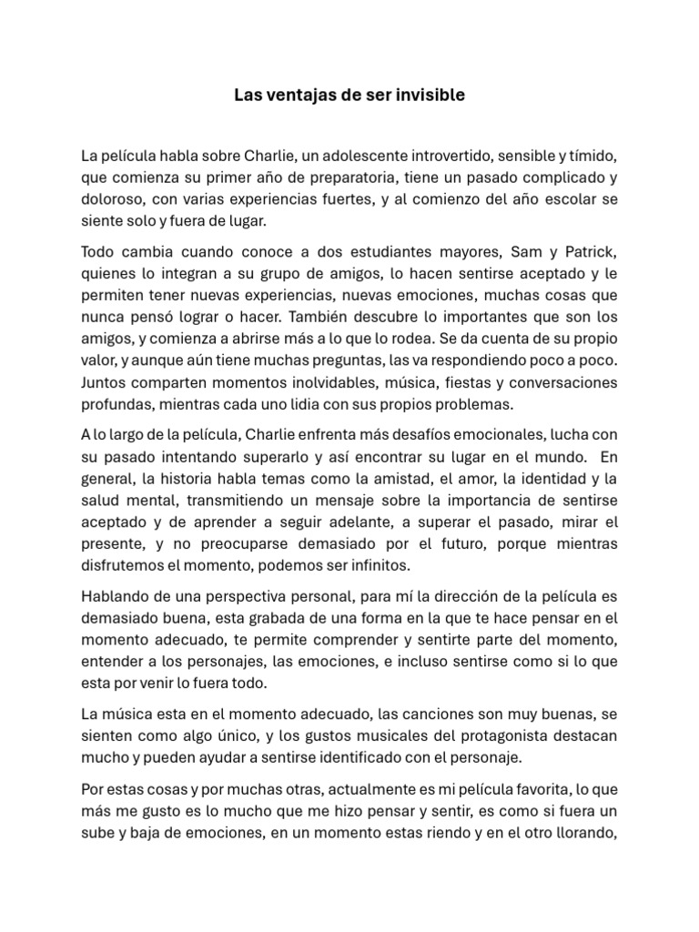 Las Ventajas de Ser Invisible Resumen | PDF