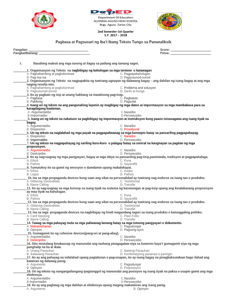 Exam Pagbasa MIDTERM 2018-2019 | PDF