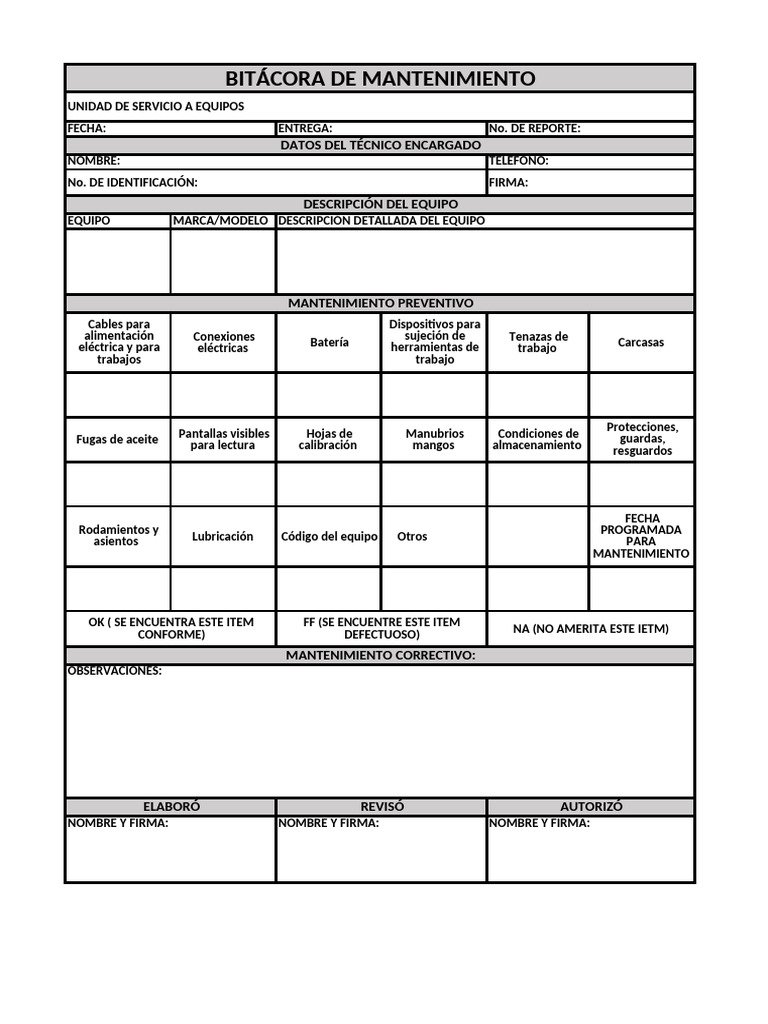 Formato Registro de Mantenimiento Preventivo y Correctivo | PDF