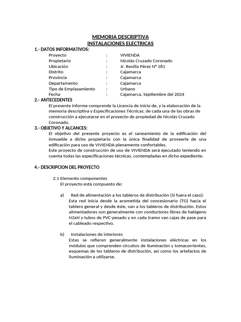 Memoria Descriptiva Inst. Electricas | PDF | Cableado eléctrico | Cambiar