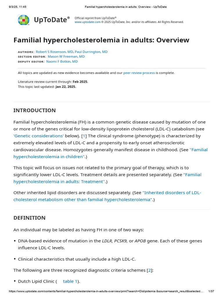 Familial Hypercholesterolemia in Adults - Overview - UpToDate | PDF ...
