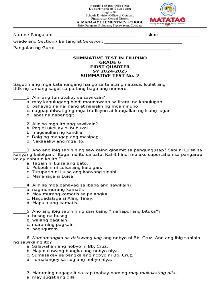 Summative Test in Filipino 5-6 | PDF