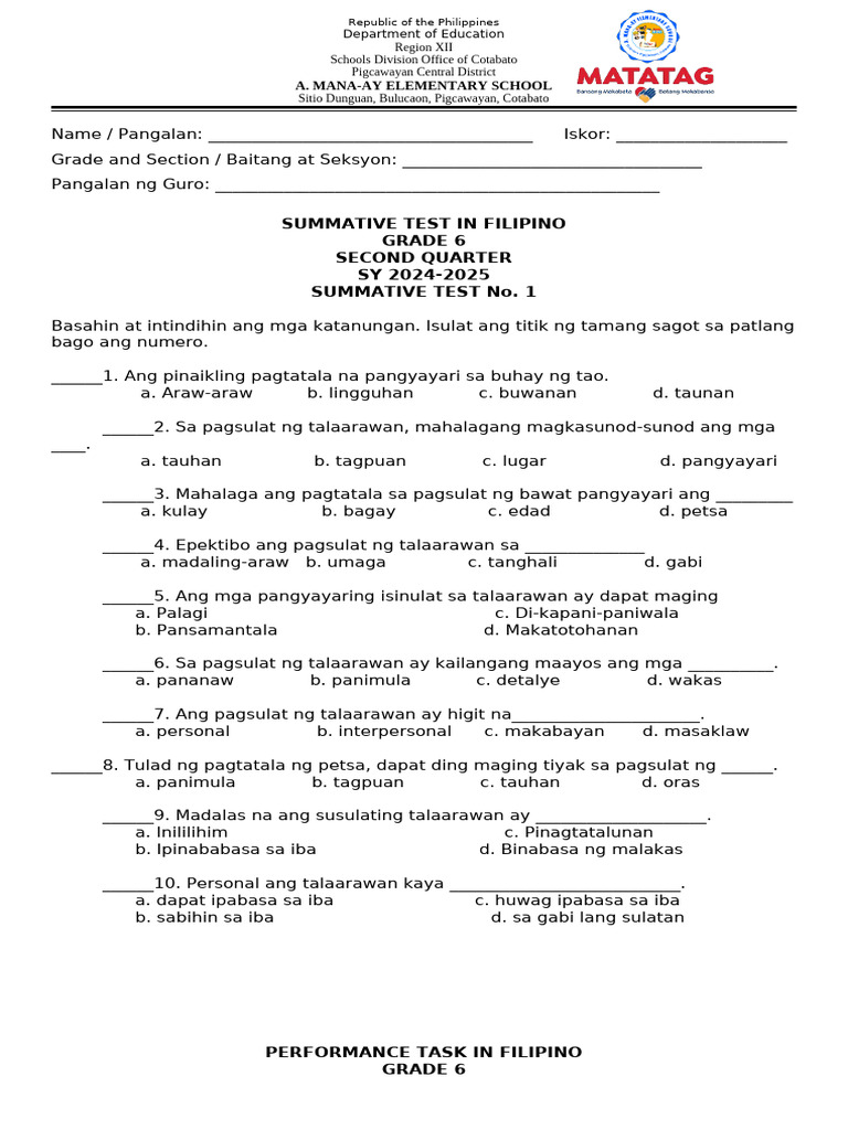 Summative Test in Filipino 5-6 | PDF