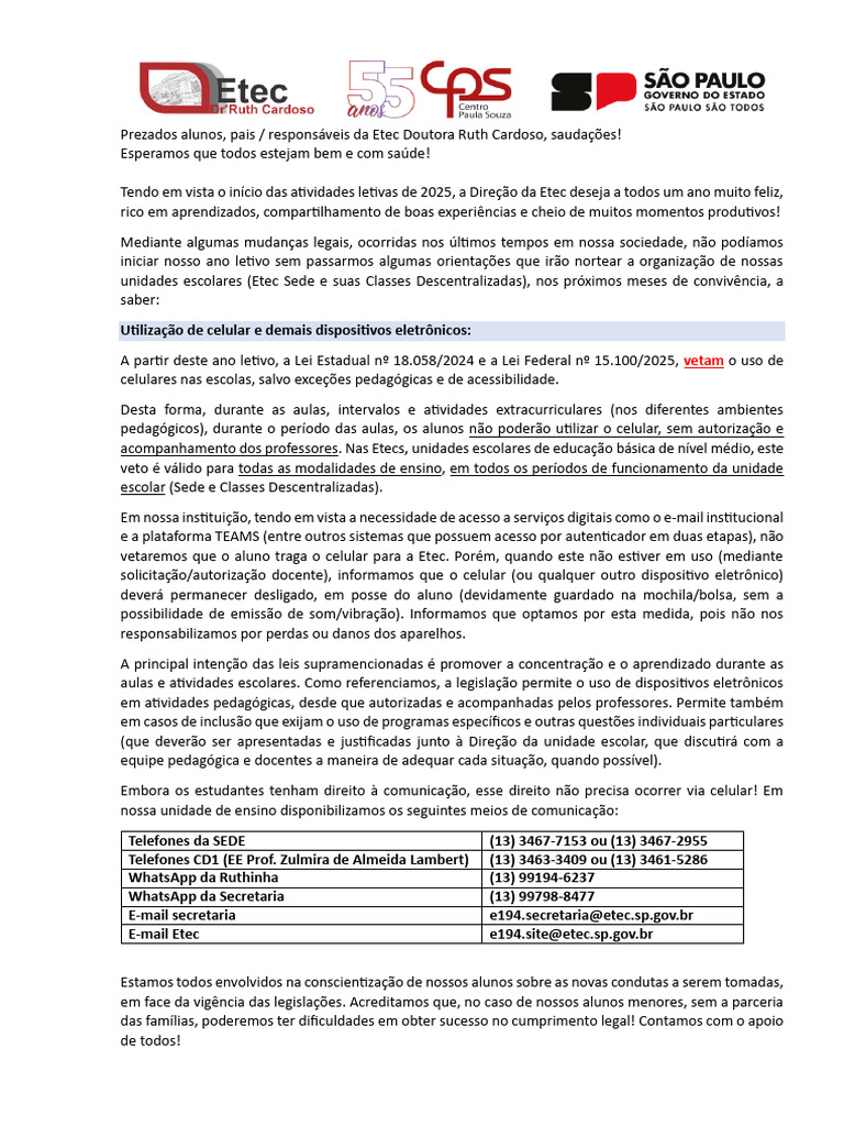 Comunicado Uso Do Celular 2025 | PDF | Pedagogia | Celulares