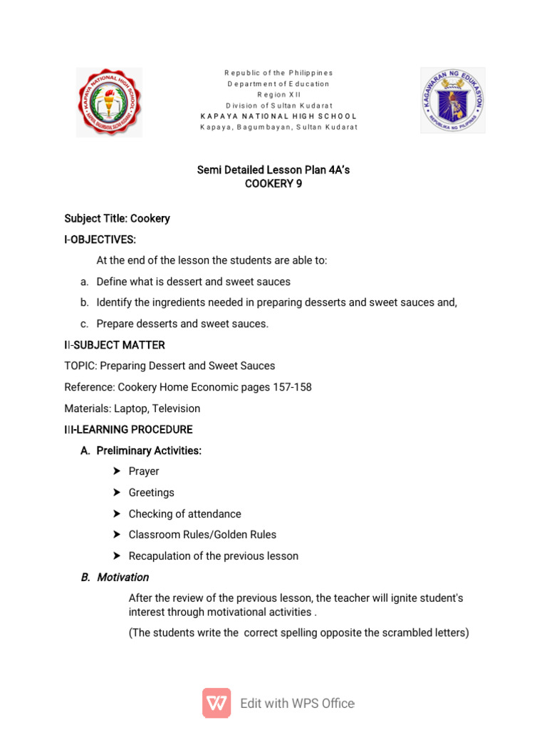 Semi Detailed Lesson Plan Grade 12 Hot and Cold | PDF | Desserts ...