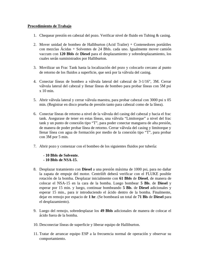 Procedimiento de Trabajo Flushing Bes | PDF | Bomba | Presión