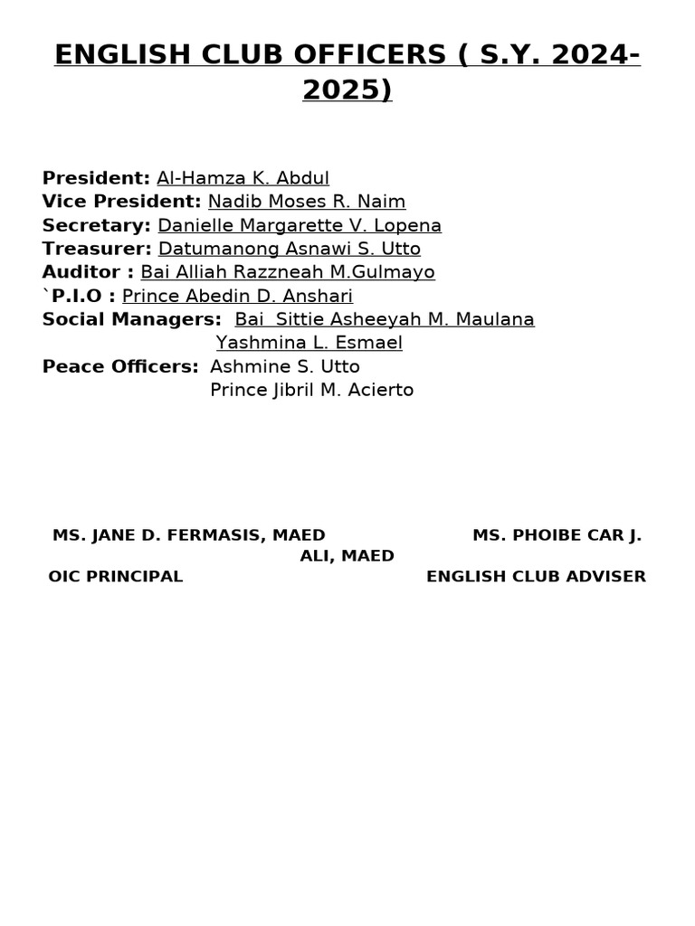 English Club Officers 2024-2025 | PDF