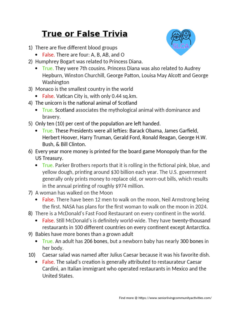 True or False Trivia - SeniorLivingCommunityActivities | PDF