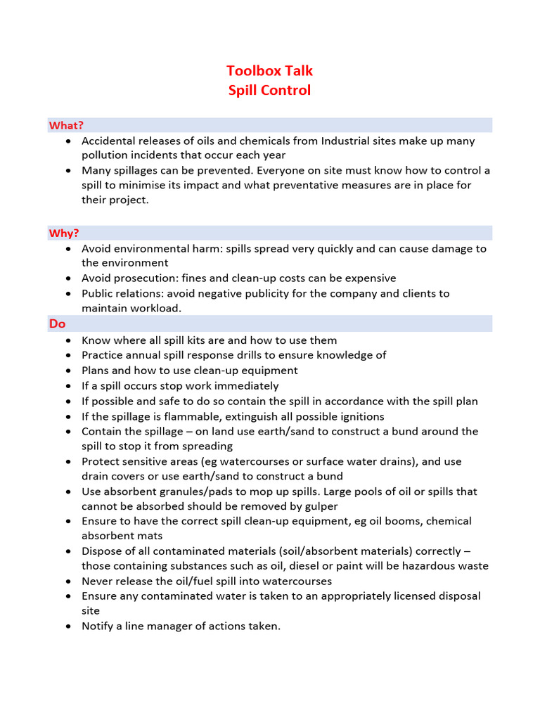 Toolbox Talk Spill Control | PDF