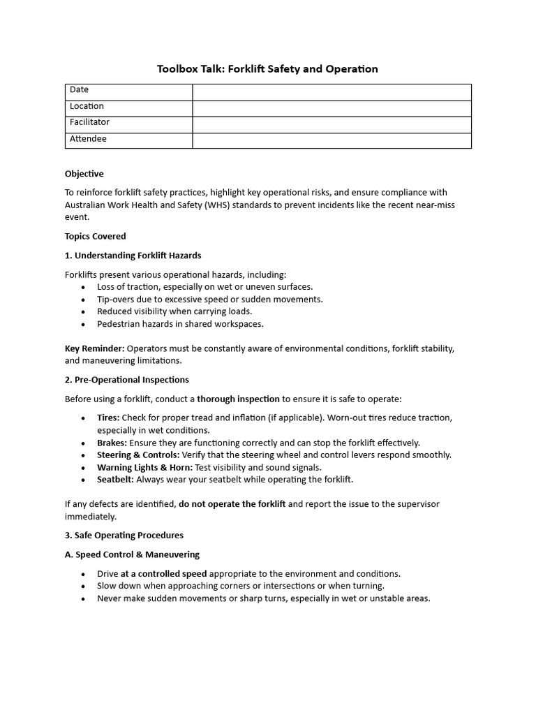 Toolbox Talk_Forklift Operation | PDF | Forklift | Tire