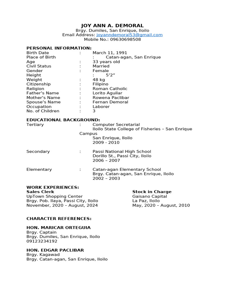 JOY ANN A. DEMORAL Resume | PDF