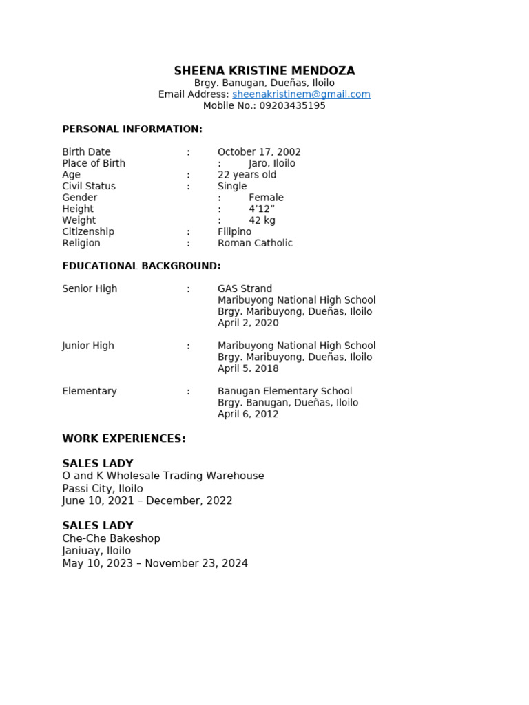 SHEENA KRISTINE MENDOZA Resume | PDF