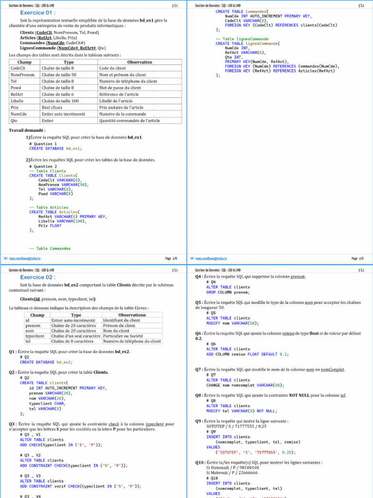 01 Gestion de Données SQL LDD LMD Exercices 1 2 Corrigés | PDF