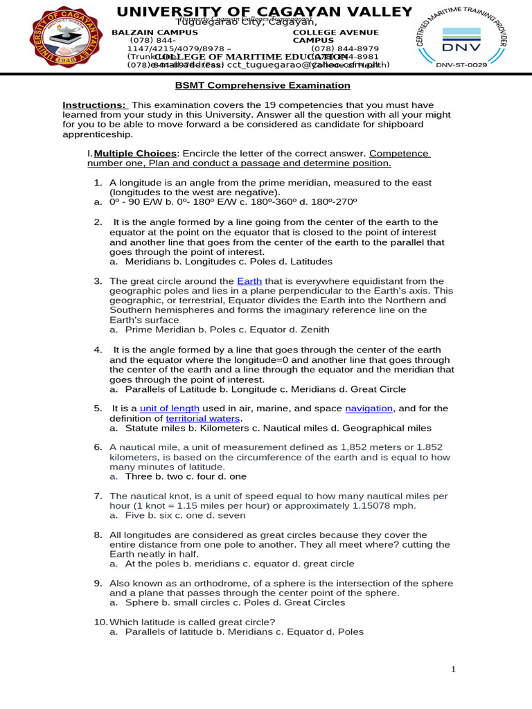 BSMT Comprehensive Examination | PDF | Longitude | Equator