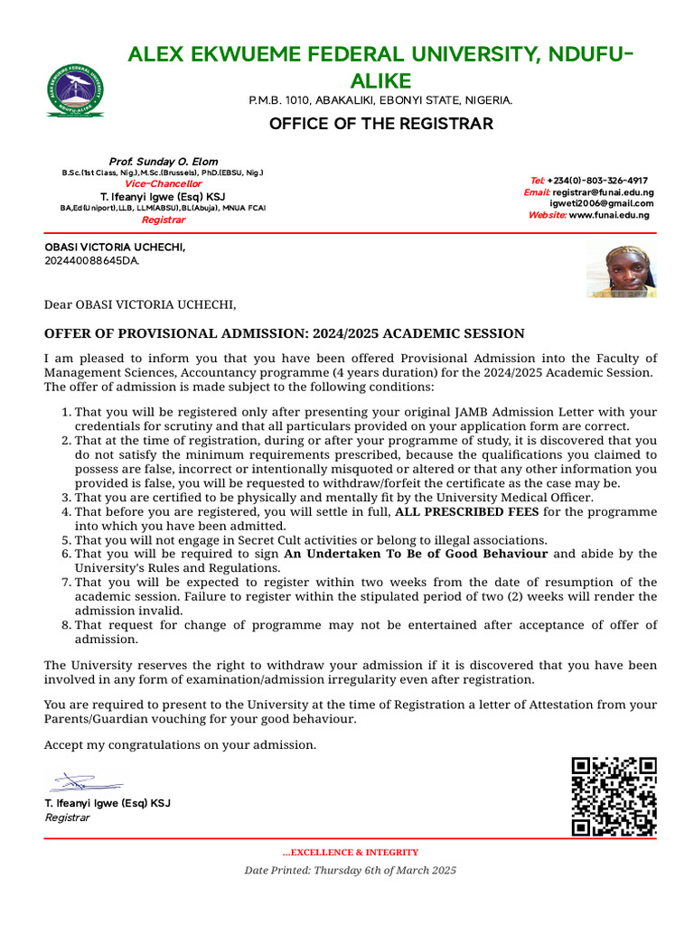 AE-FUNAI Admission Letter | PDF | Vocational Education | Qualifications