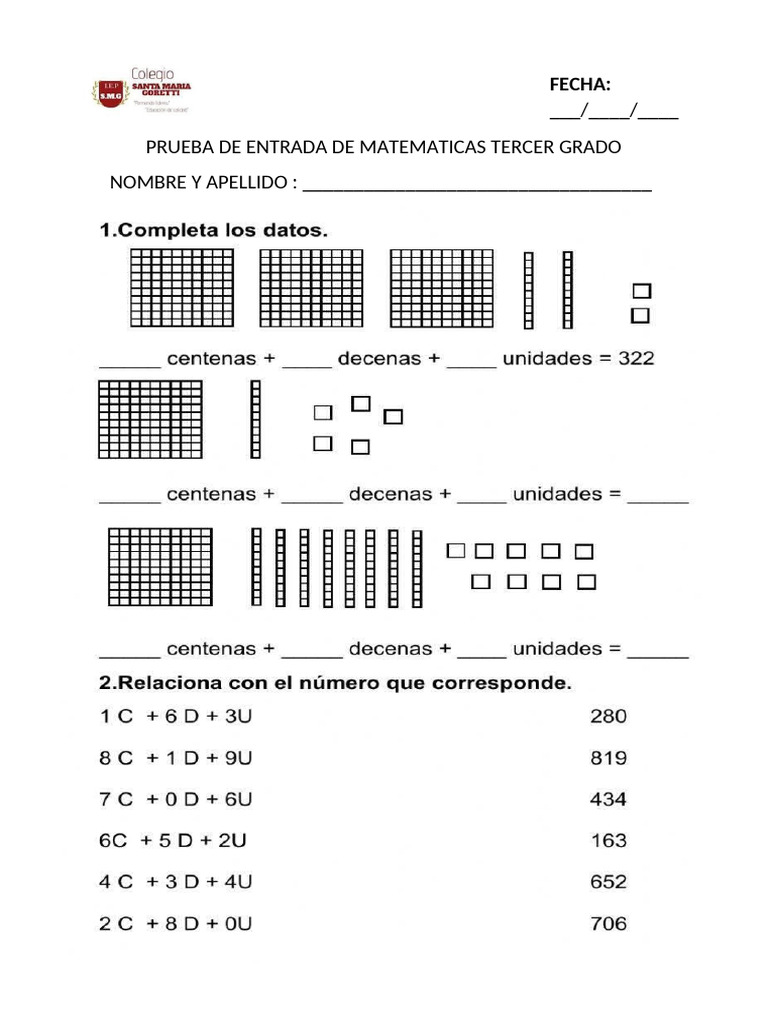 Prueba de Matemáticas Tercer Grado | PDF