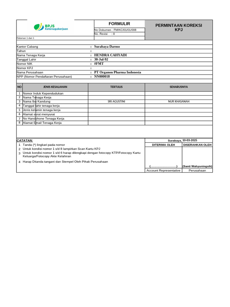 Form Koreksi Data Tenaga Kerja Udah Edit - 095501 | PDF