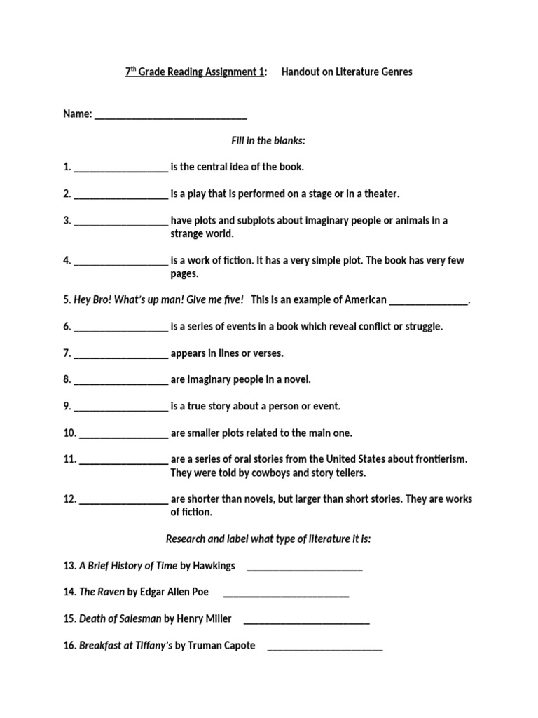 7th Grade A Reading Assignment 1 | PDF