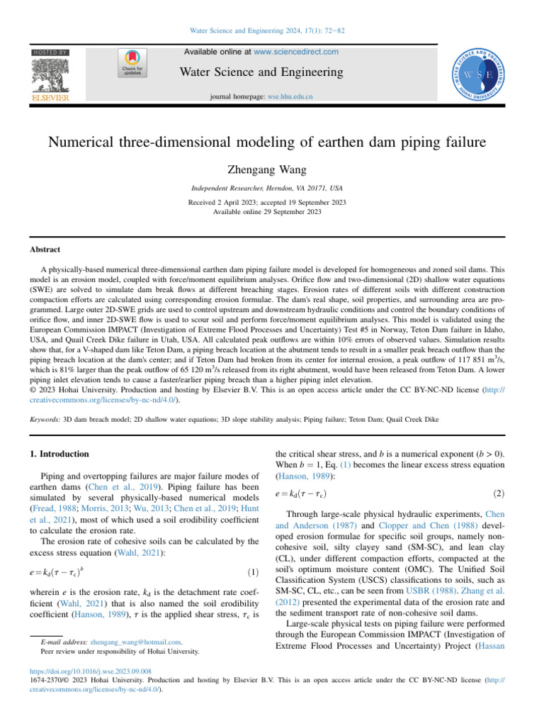 Numerical Three-Dimensional Modeling of Earthen Dam Piping Failure ...