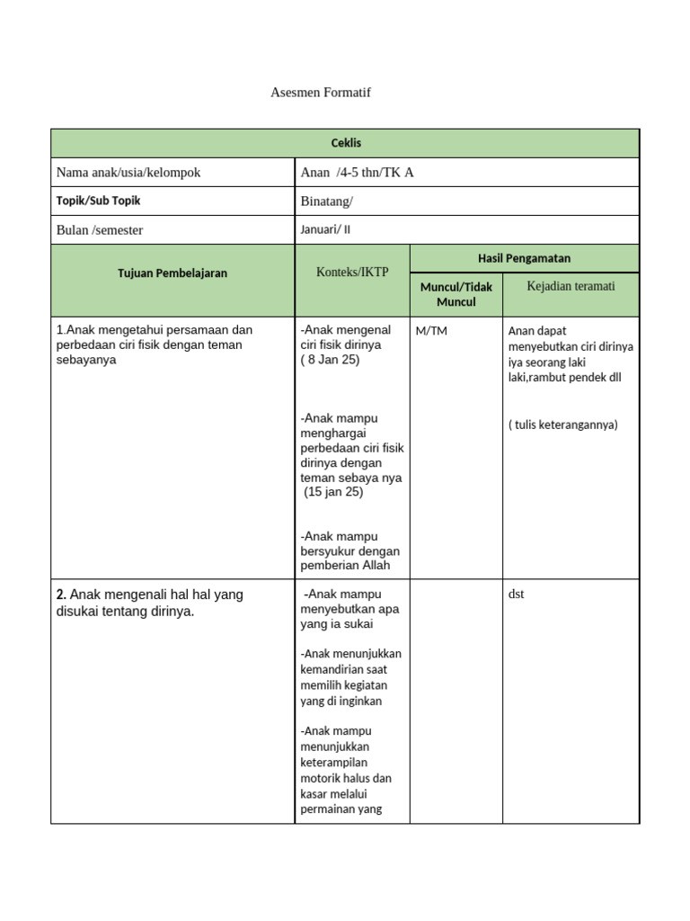 Contoh Asesmen Formatif TK 2025 | PDF