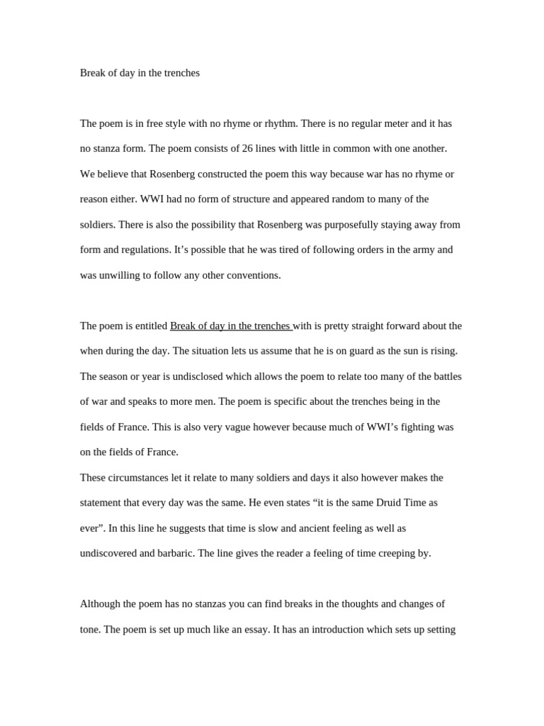 Analysis of Rosenberg's "Break of Day" | PDF | Poetry