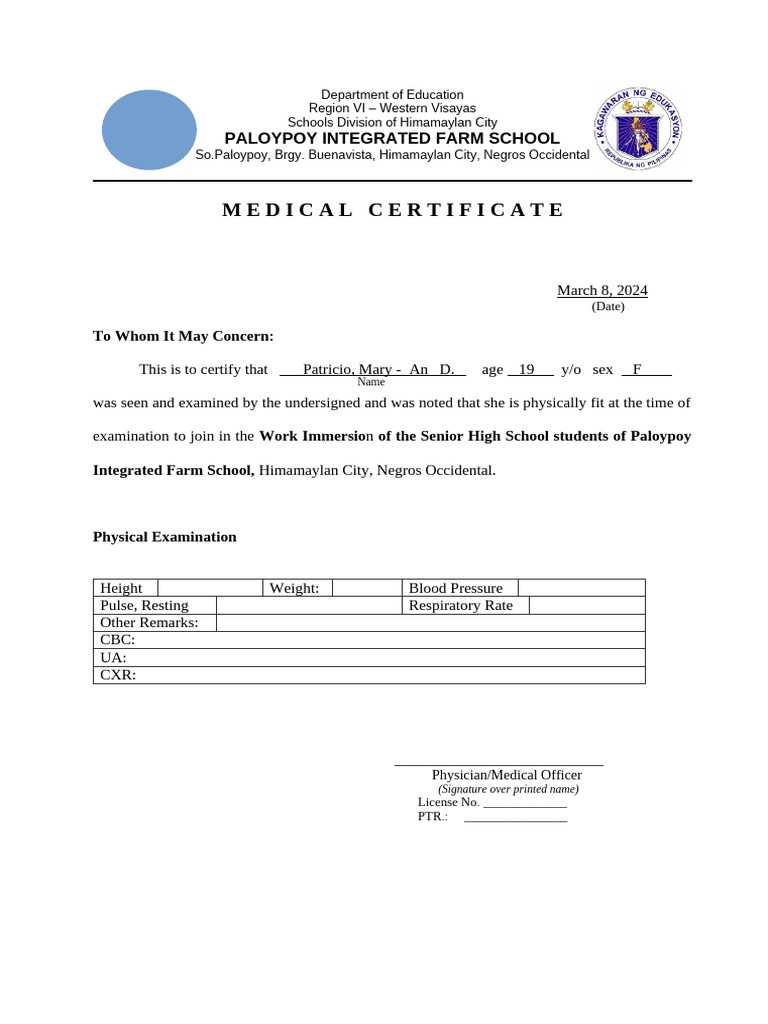 Medical-Certificate - Blank Form | PDF