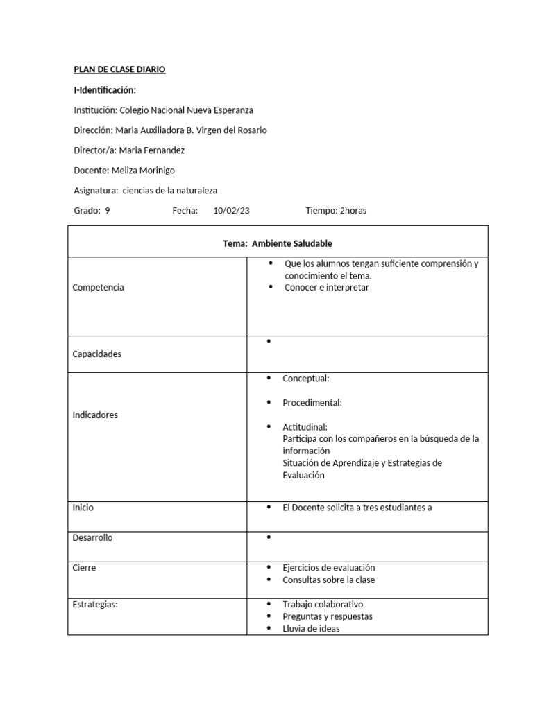 PLAN DE CLASE DIARIO | PDF