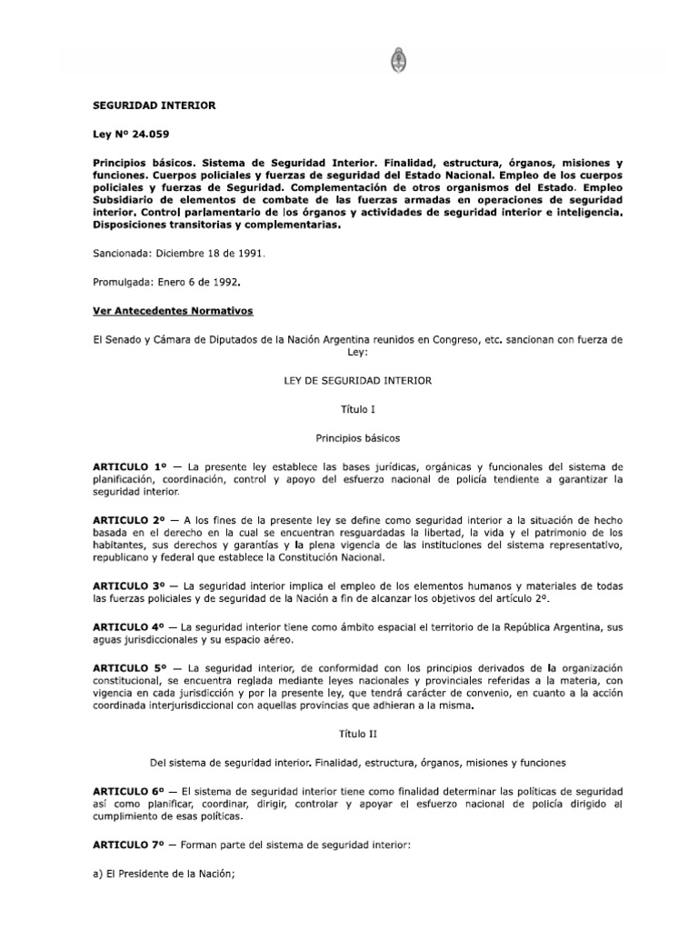Ley 24059 Seguridad Interior | PDF